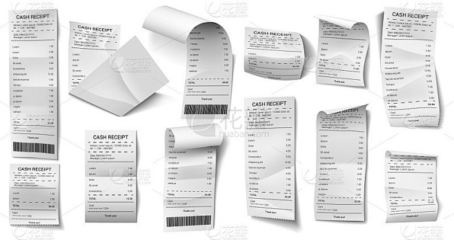 现实的检查。购物购买纸账单，3d财务支票，付款打印支票孤立矢量插图图标设置