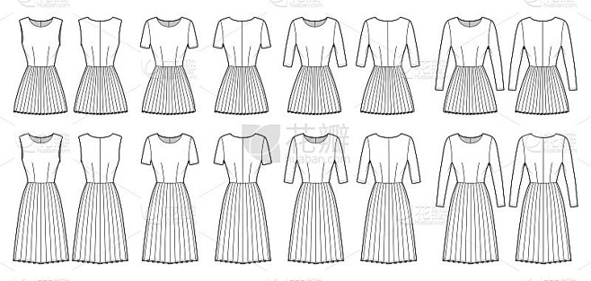 Set of Dresses pleated technical fashion illustrat