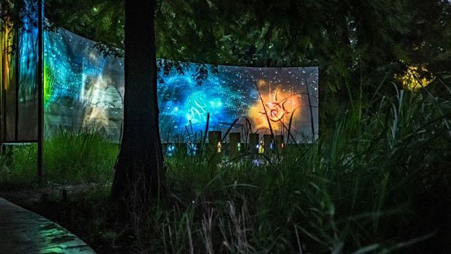夜景篇 : 夜晚来临之后的游戏闯关 杭州临安 • 夜游奇幻水森林 •萌鹿仙踪 出品方：北京一合梦想科技（总设计方）/ SHOWLAB / 灯光装置亮化 厦门金飞林科技 / 投影设备 光锋
