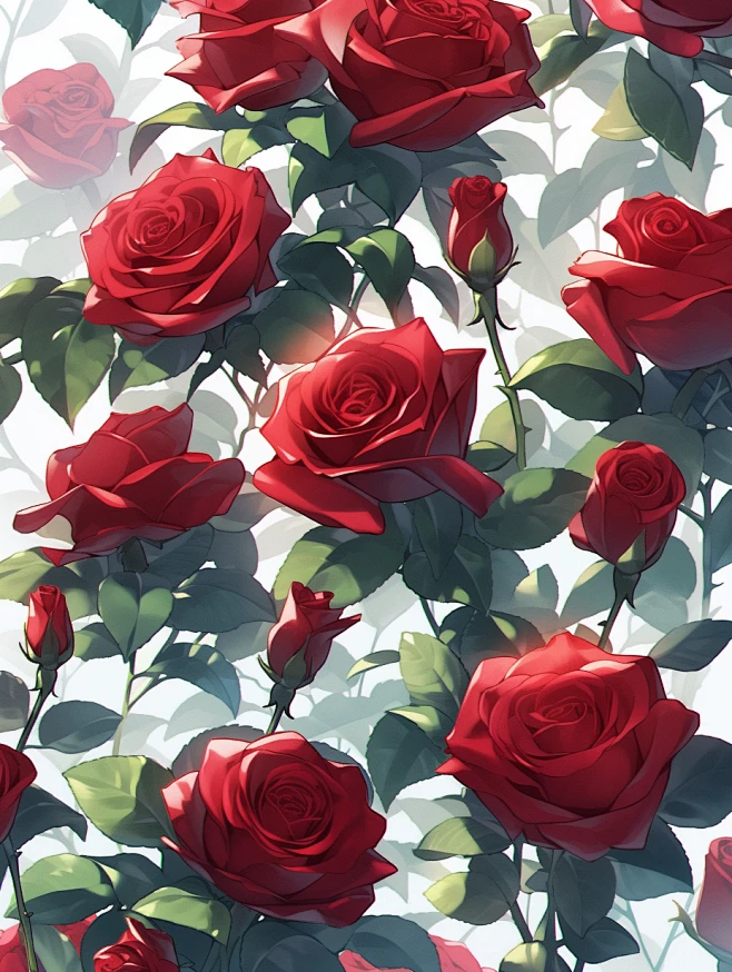 manyanlin_A_mass_of_red_roses_with_dark_green_leaves_on_a_white ...