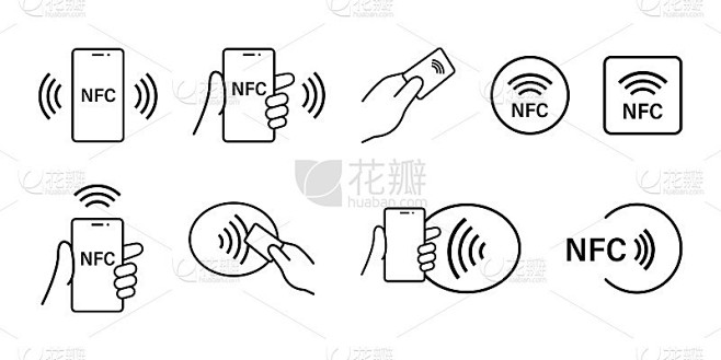 NFC支付与智能手机设置图标。NFC技术图标集合。非接触式NFC支付标志。股票向量