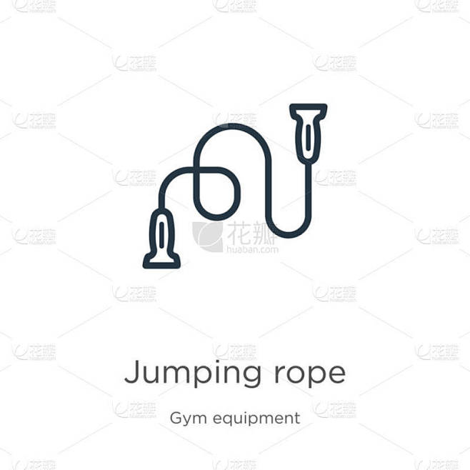 跳绳图标。 从体操器材收集中分离出的白色背景的细直线跳绳轮廓图标. 线形矢量跳绳标志,网状和移动式符