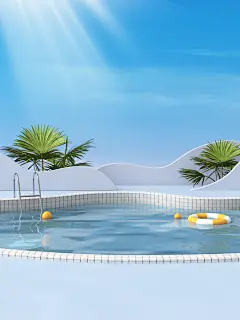 Summer, a 3d rendering illustration, a large swimming pool inside the ...