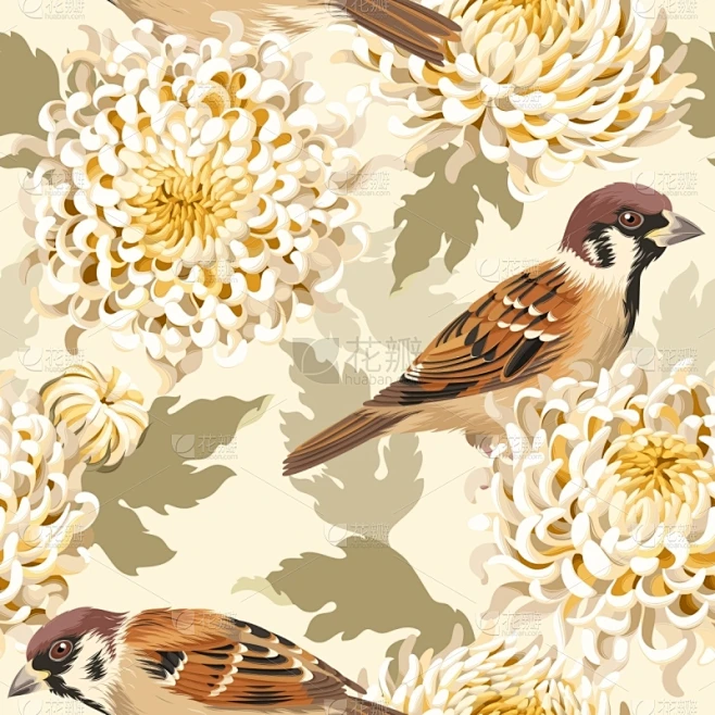 菊花,鸟类,白色,黄色,自然,高雅,纺织品,秋天,浪漫,装饰素材-花瓣网
