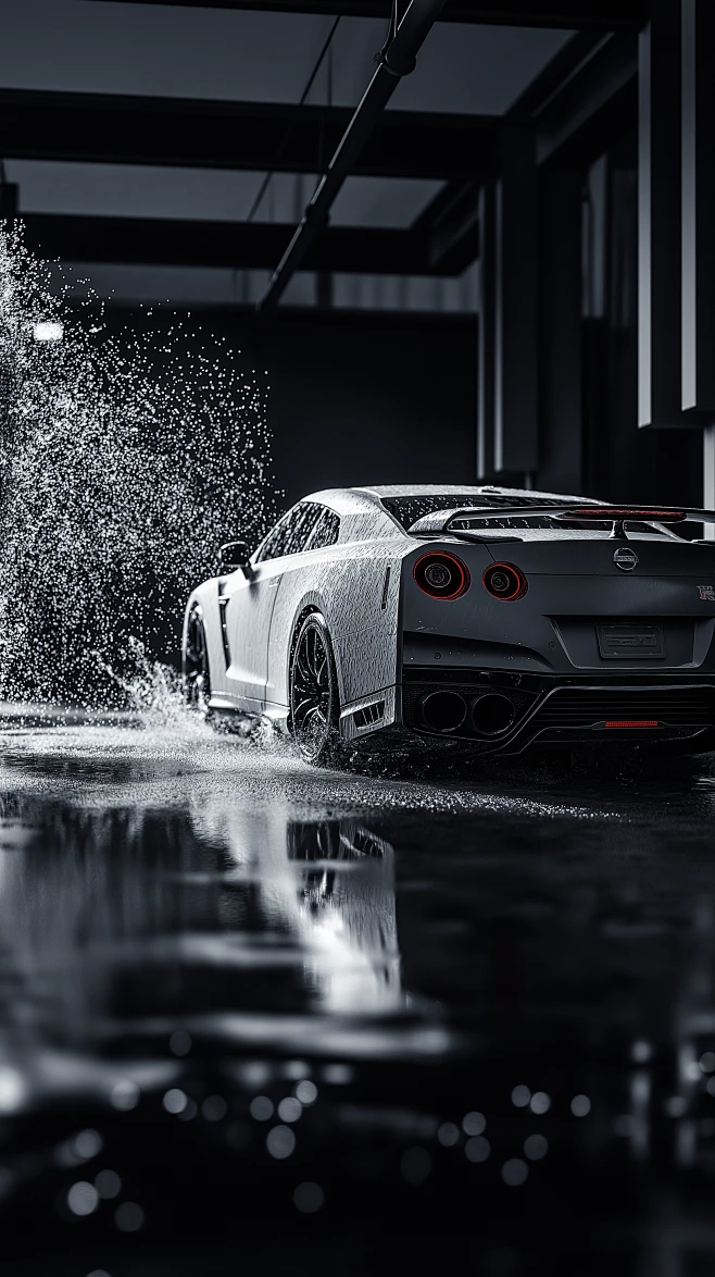 ppaoooo_Silver_Nissan_GTR_parked_in_the_garage_water_splashing ...
