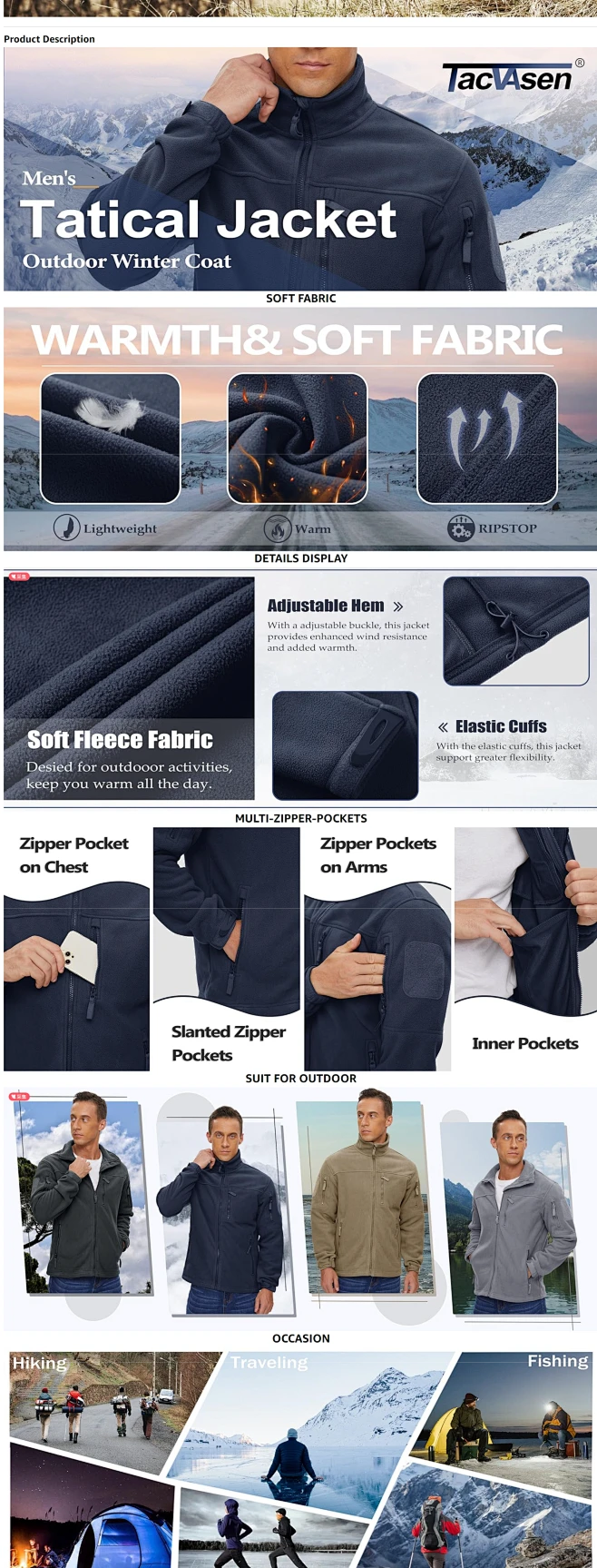 TACVASEN Jackets for Men Fleece Jacket Full Zip Outdoor Recreation Hikng Camping Tatical Winter ...