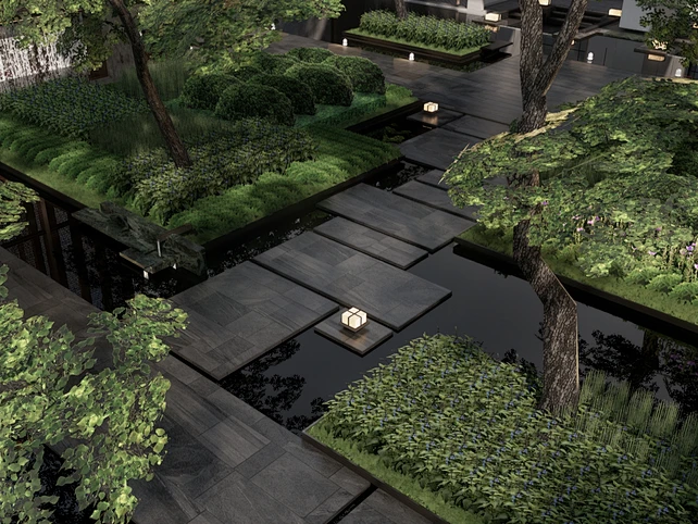 现代小区景观 下沉水院 林下花园 水上汀步 现代小区景观 乌桕林-花瓣网