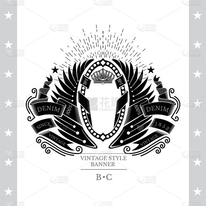 Oval frame wrapped by ribbon between wings. Herald素材-花瓣网