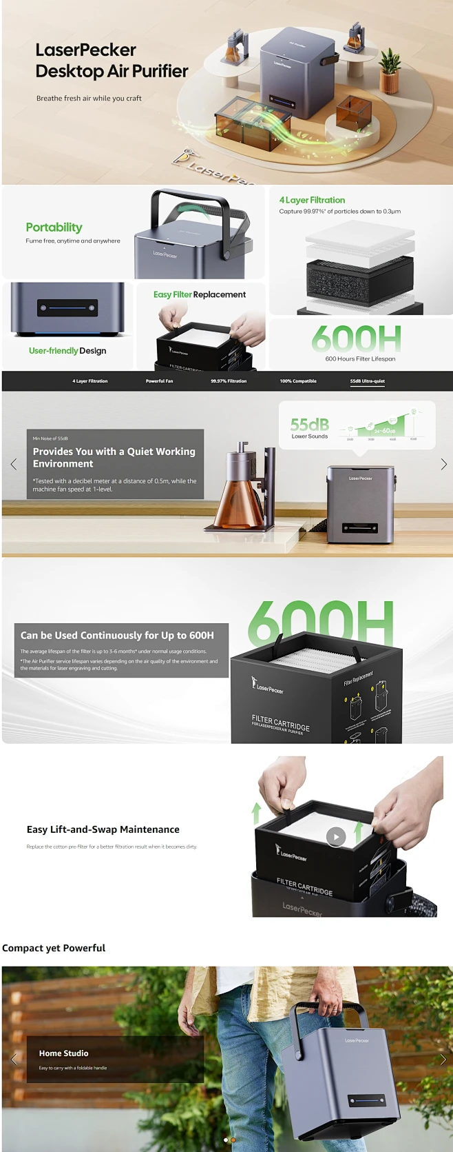 Amazon.com: LaserPecker 激光雕刻空气净化器和烟雾提取器,99.97% 过滤,55dB 静音,4 层 HEPA 过滤器,便携式烟雾清洁器适用于 LP2/LP3/LP4 ...