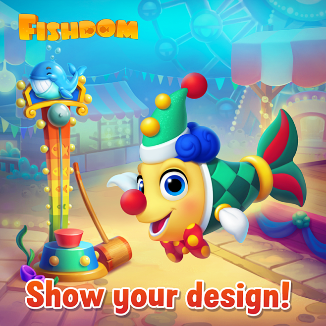 May be a cartoon of text that says FISHDOM Show your design!