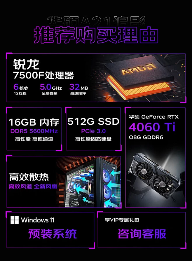 华硕（ASUS）全家桶 AMD 锐龙R5 5600/7500F/RX 6750GRE主机AI渲染游戏设计办公台式电脑组装机台式机电脑整机 R5 7500F丨RTX4060Ti 规格四 电脑台式 ...