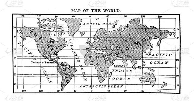 古玩插图- 1978地理-世界地图显示旧世界和新世界