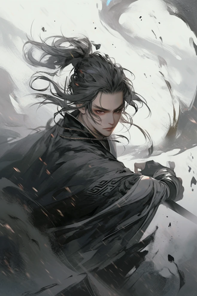 古风少年水墨武侠剑客插画-花瓣网