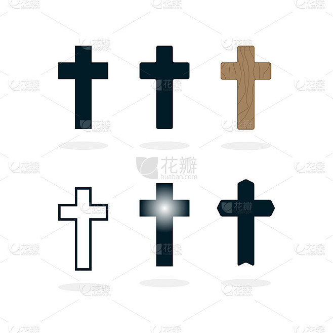 一套基督教十字架形状。矢量插图的宗教标志。平面，梯度，木材，和描边设计