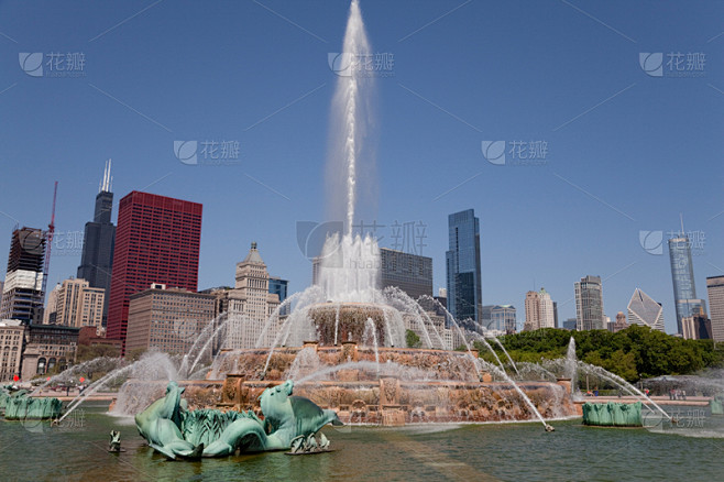 白金汉大喷泉,芝加哥市,威利斯大厦,芝加哥格兰特公园,天空,公园,水平画幅,无人,喷泉,户外