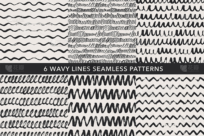 Wavy lines hand drawn seamless patterns set