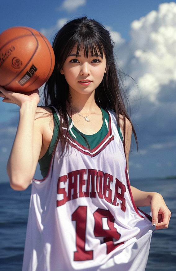 灌篮高手-1girl, ball, basketball, basketball_uniform, beach, black_eyes, black_hair, clothes_lift ...