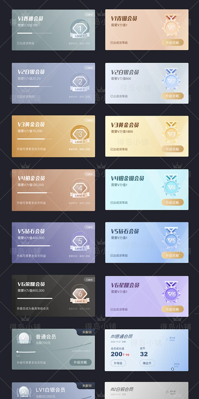 APP会员VIP 等级卡片成长APP奖章卡片个性创意sketch/XD设计素材-淘宝网-花瓣网