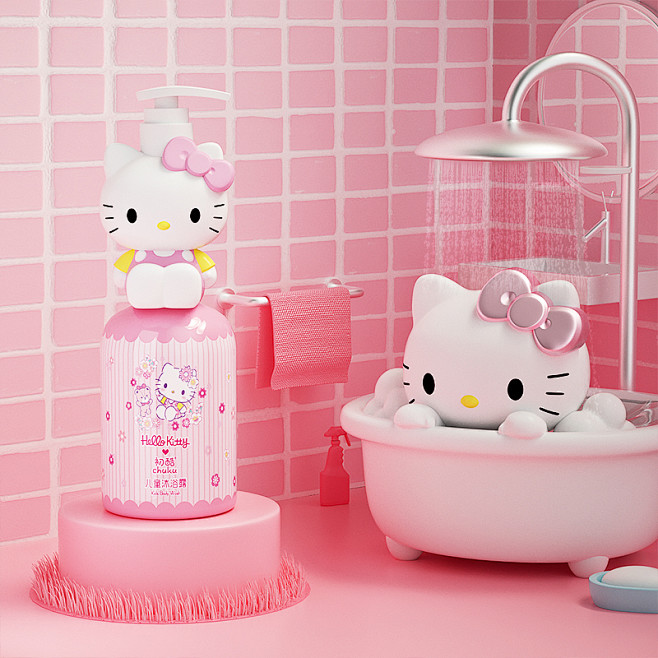 粉色调 HelloKitty 场景 C4D建模渲染 儿童洗发沐浴露