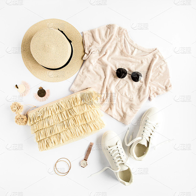 Woman summer clothes travel, collage on white back