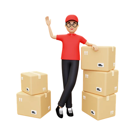 Deliveryman waiving hand 3D Illustration-花瓣网