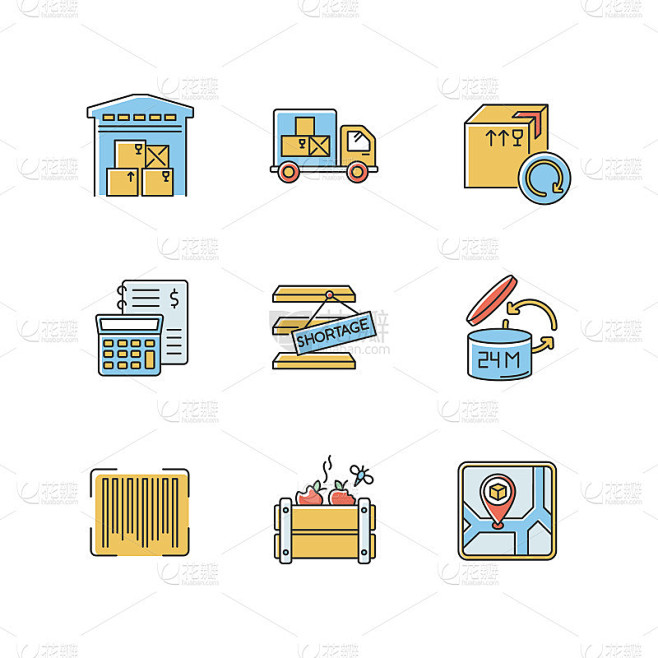 库存管理RGB颜色图标设置。存放地点、收货、损坏及退货。产品条码和保质期。孤立的矢量插图