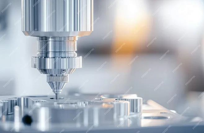 Closeup of a precision CNC machine or milling tool working on a metal ...