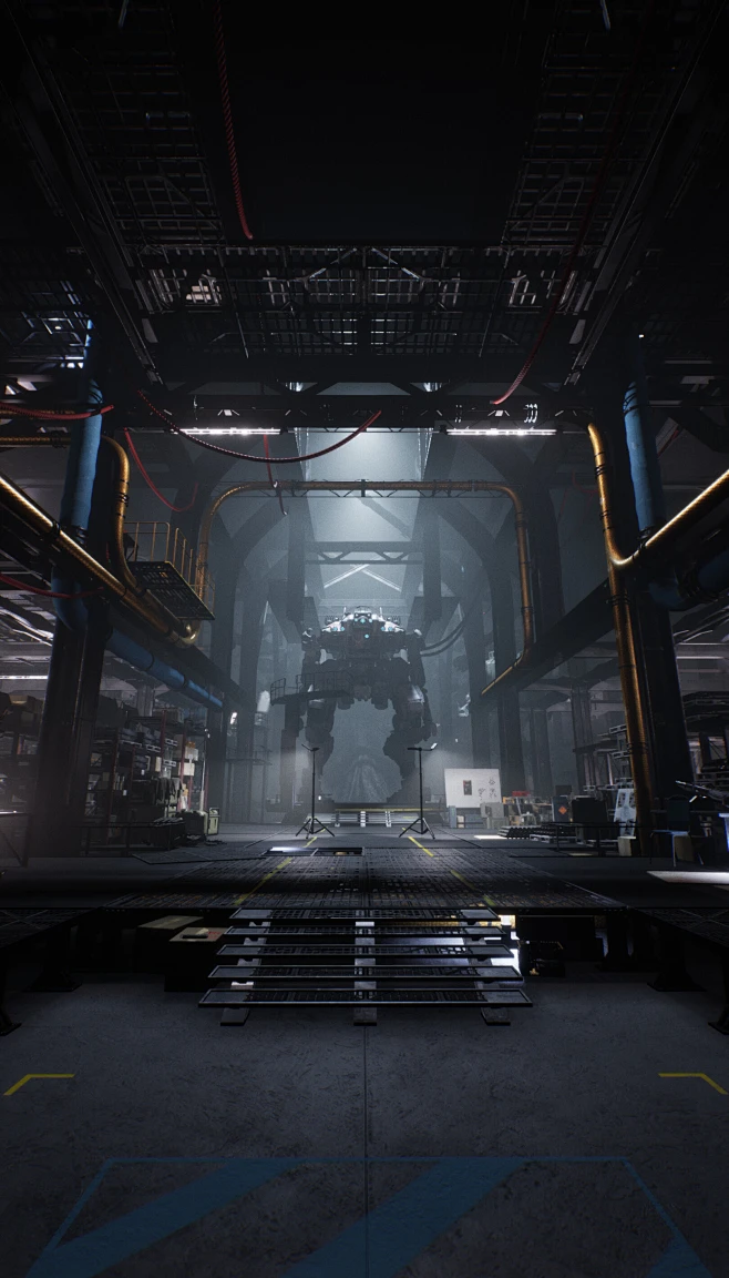 Mech Repair Bay, Scott Colverson : Within a dark old warehouse a group ...