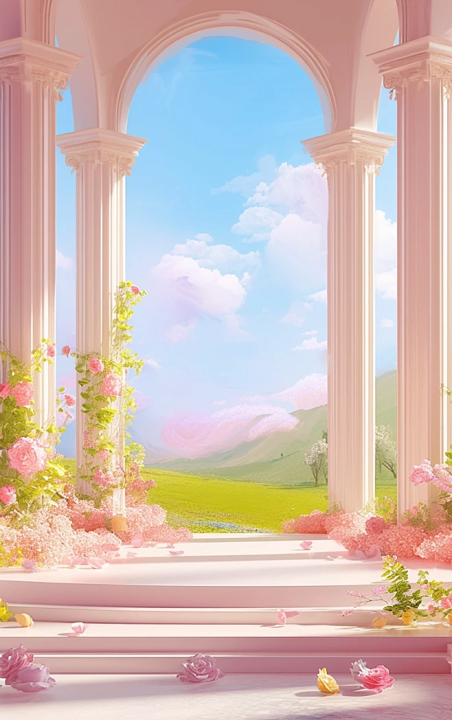 an idyllic fantasy fantasy interior with pillars and flowers, in the ...