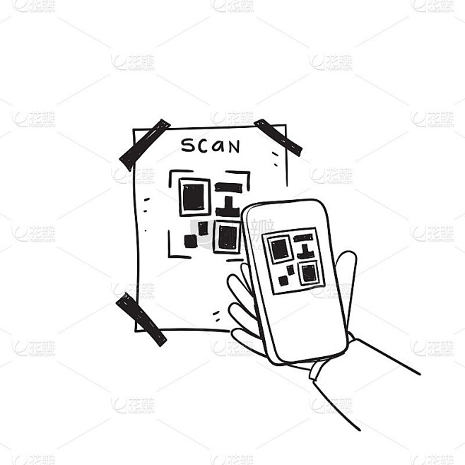 手绘涂鸦二维码扫描图标在智能手机插图