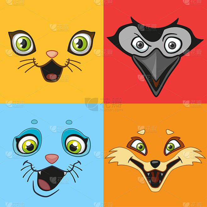 Funny square animals face set, vector.