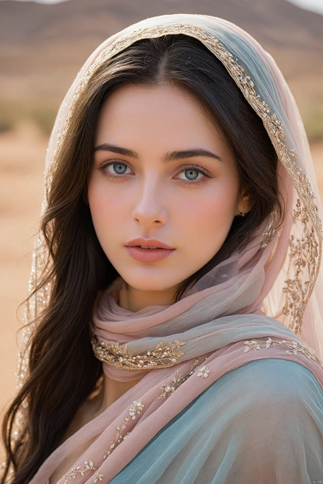 This image shows a close-up of an ethereal-looking young woman with ...