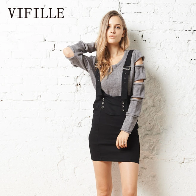 VIFILLE背带牛仔裙 包臀半身短裙 纽扣装饰 2015秋女款 V57S3814-tmall.com天猫-花瓣网