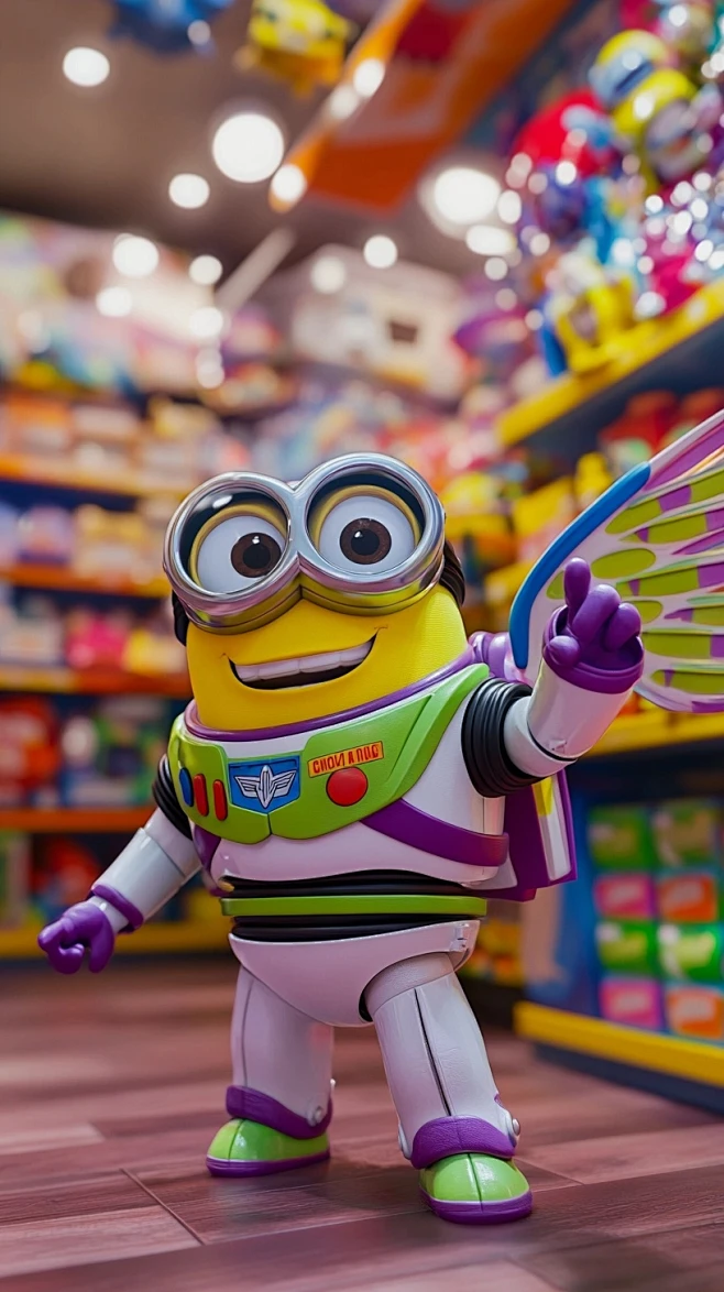A Minion dressed as Buzz Lightyear, wearing a space ranger suit with ...