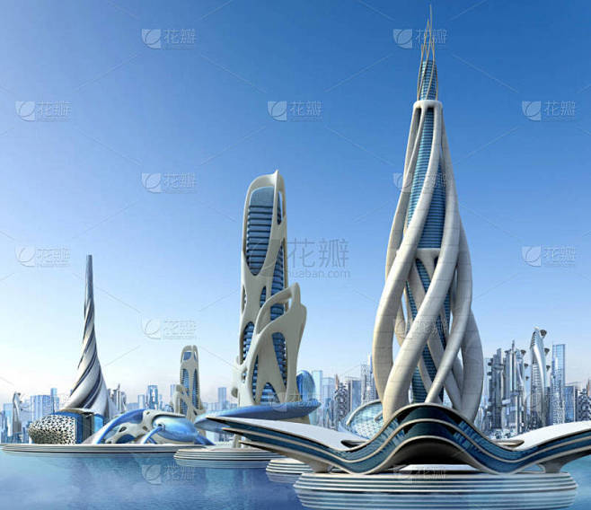 带有有机建筑设计的未来建筑和城市天际线，用于科幻小说3D插图.-花瓣网