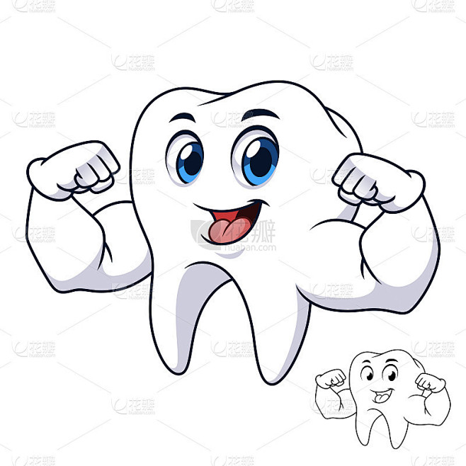 强壮的牙齿显示手臂肌肉与线条艺术绘画