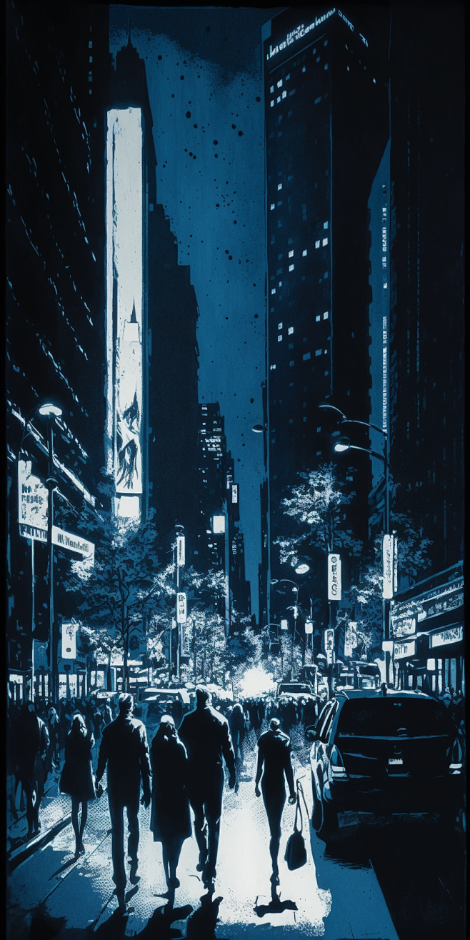 rhapsody in blue, A bustling city street at night, with bright lights ...