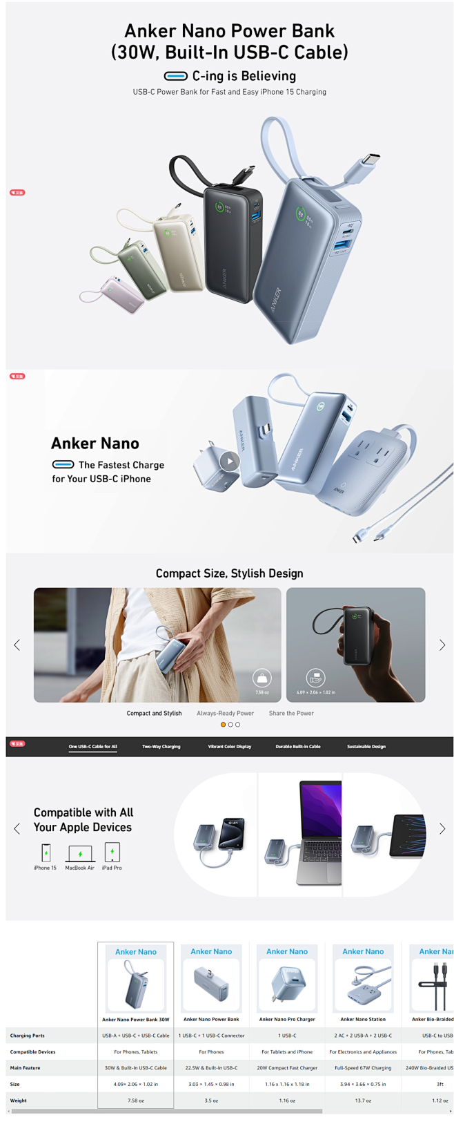 Amazon.com: Anker 纳米移动电源,10,000mAh 便携式充电器,内置 USB-C 电缆,PD 30W 最大输出,带 1 个 ...
