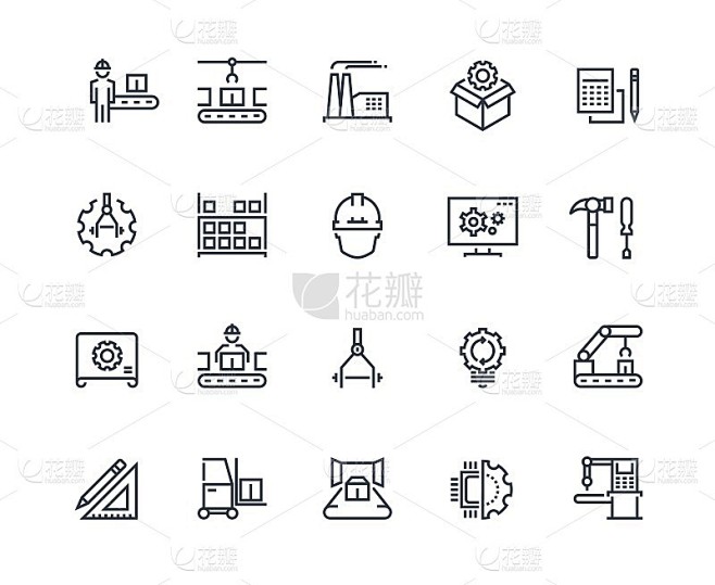 生产线图标。工业机械生产，工厂输送线，自动机械手。工业矢量图标