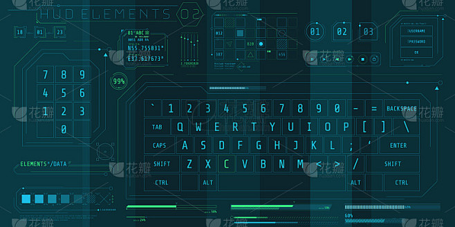 一组HUD键盘元素为未来的界面。