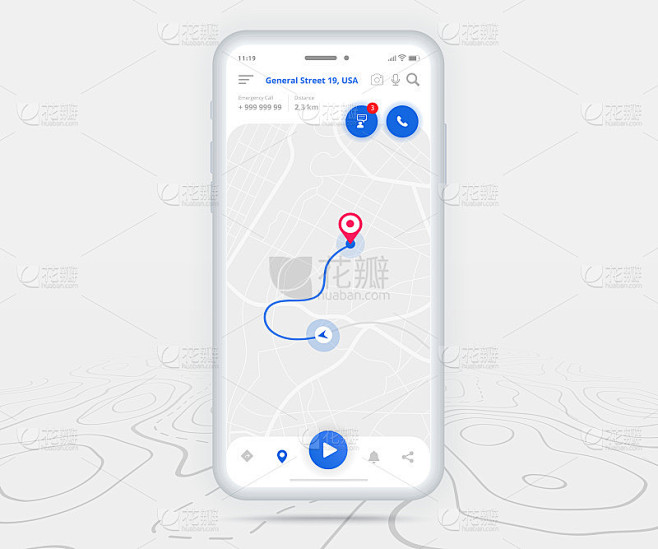 地图GPS导航app ux ui概念，移动地图应用，智能手机app搜索地图导航，技术地图，城市导航地