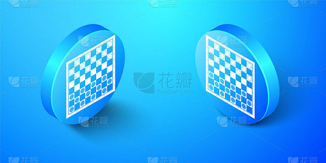等距棋盘游戏的跳棋图标孤立在蓝色背景。古代智力棋盘游戏。棋盘。白色和黑色的筹码。蓝色圆按钮。向量