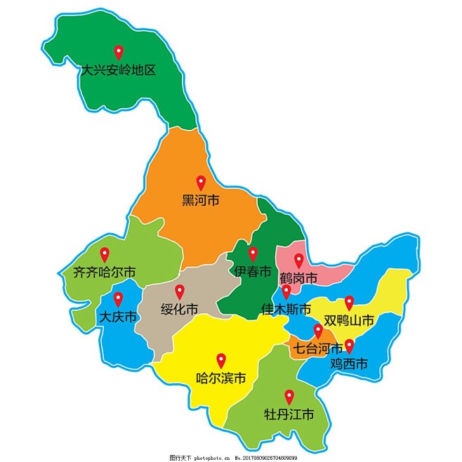 黑龙江省区域地图矢量素材,区域图,黑龙江矢量地图,哈尔滨市,牡丹江市,黑河市,大庆市