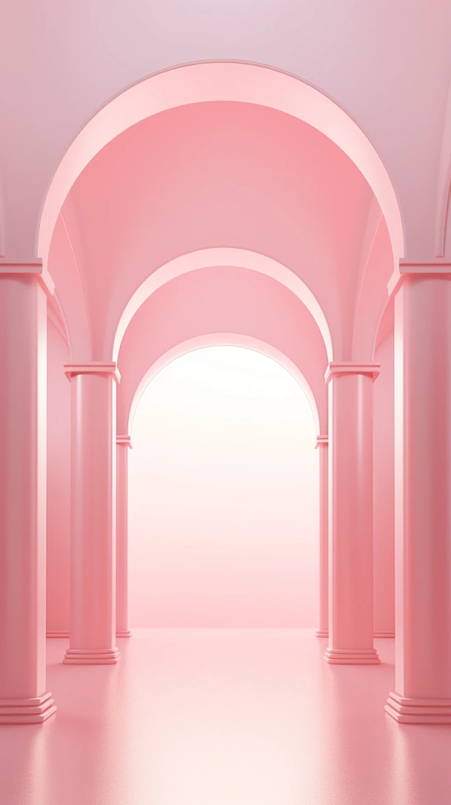A large arch, light pink, clean, warm, soft lighting, animated light, rich in details, POPMART ...