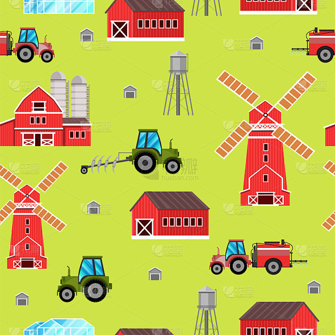 Farm seamless pattern with barn, windmill, tractor