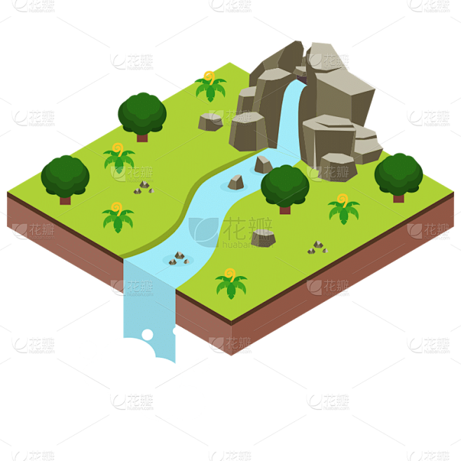 手绘-自然元素贴纸2.5D-瀑布素材-花瓣网