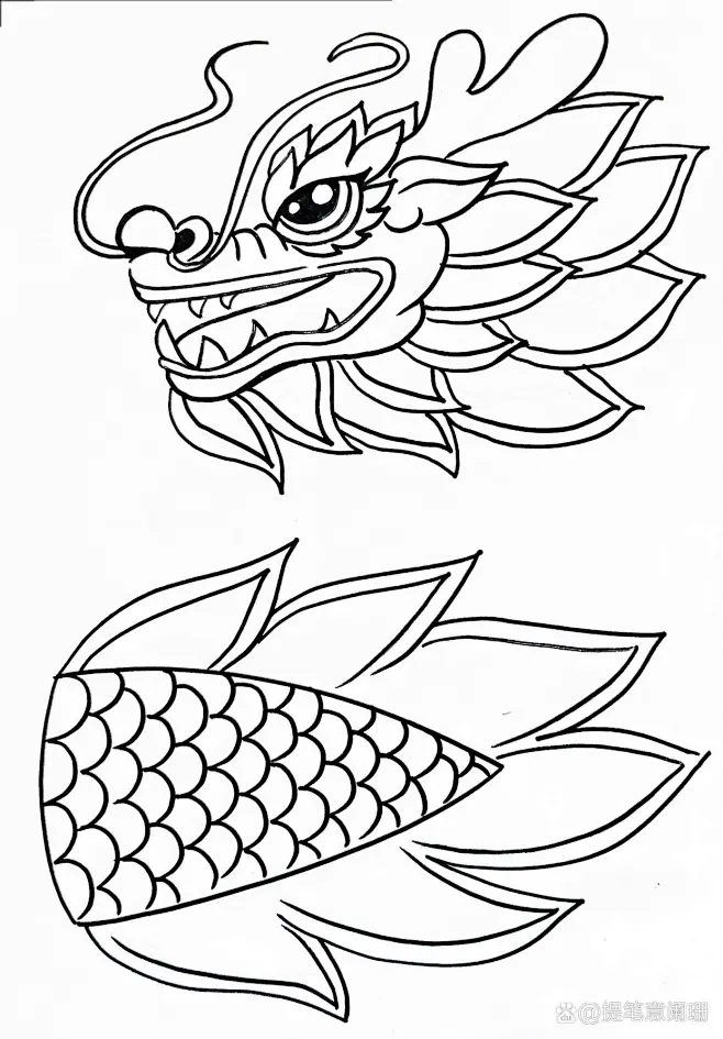 龙头龙尾舞龙龙舟简笔画素材线稿-花瓣网