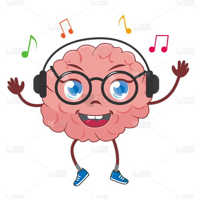 手绘 卡通大脑拟人医疗贴纸 听音乐