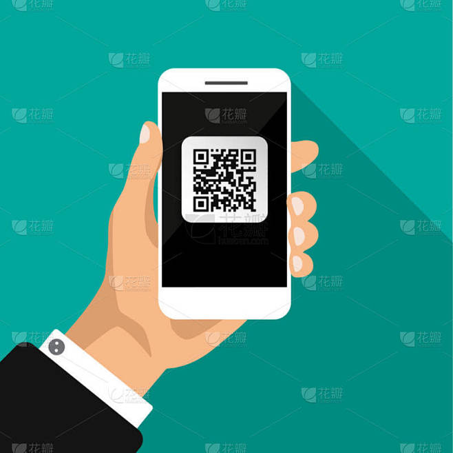 手持手机，屏幕上有qr代码。用电话扫描代码Qr标签贴纸。矢量说明.