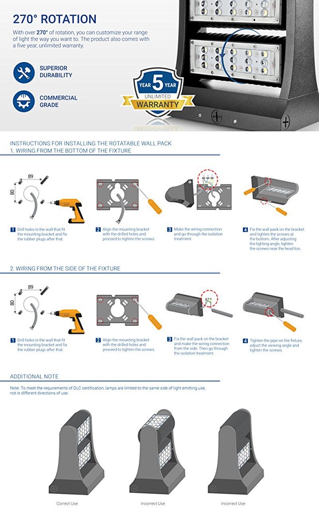 Hyperikon LED Wall Pack Rotatable 60W, 5000K (Crystal White Glow), 7800 ...